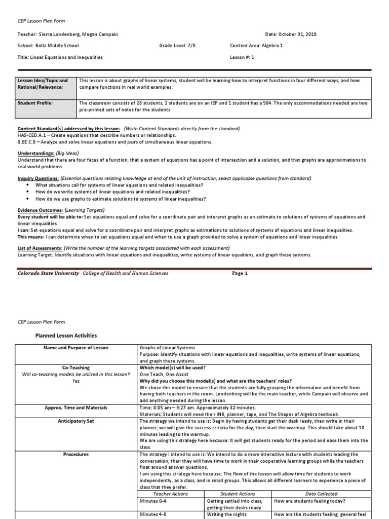 Linear Equations and Inequalities Lesson Plan | PDF | Equations ...