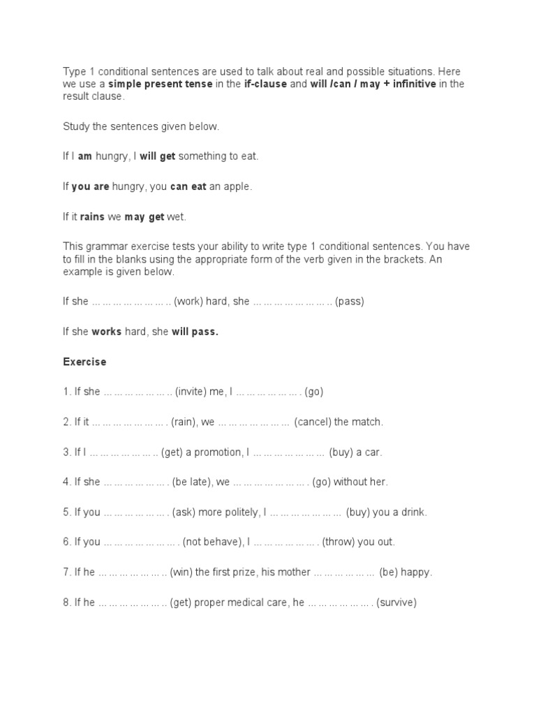Type 1 Conditional Sentences Are Used To Talk About Real and Possible ...