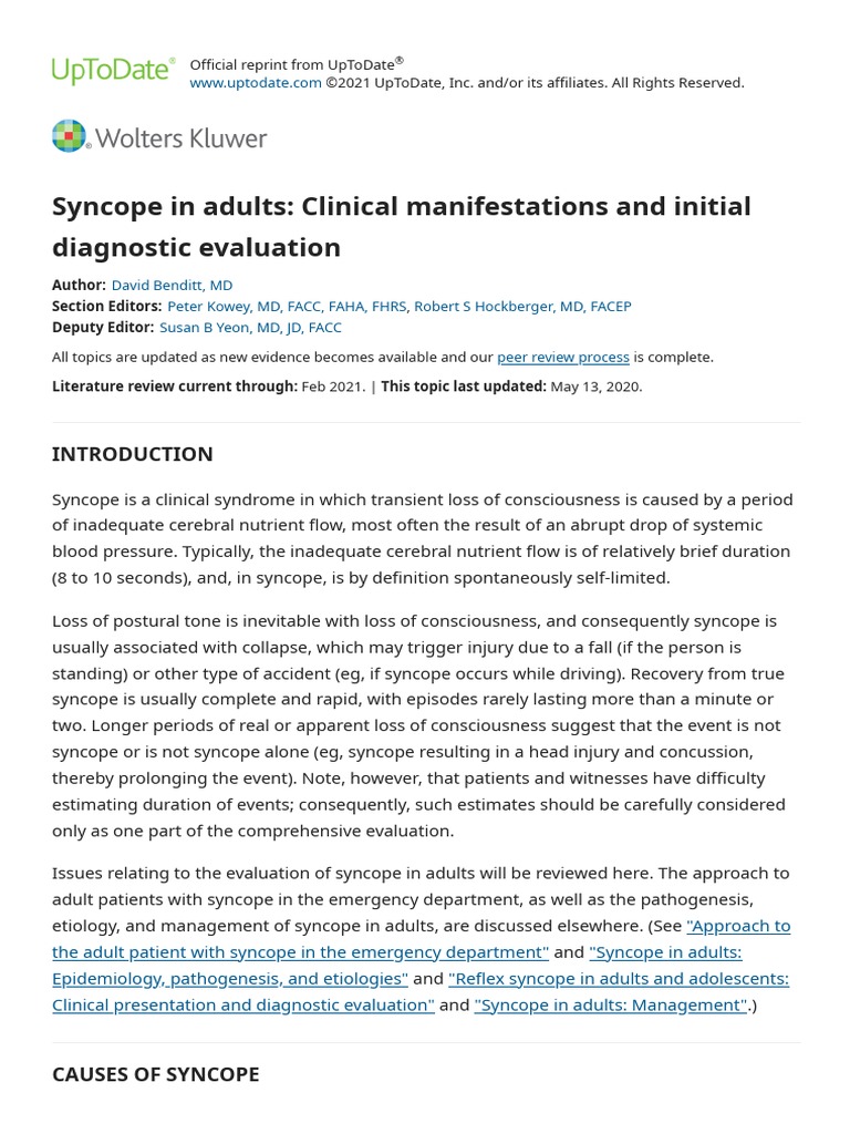 Syncope in Adults - Clinical Manifestations and Initial Diagnostic ...