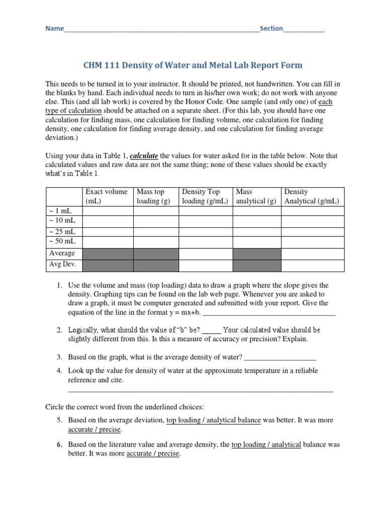CHM 111 Density of Water and Metal Lab Report Form | PDF | Density ...