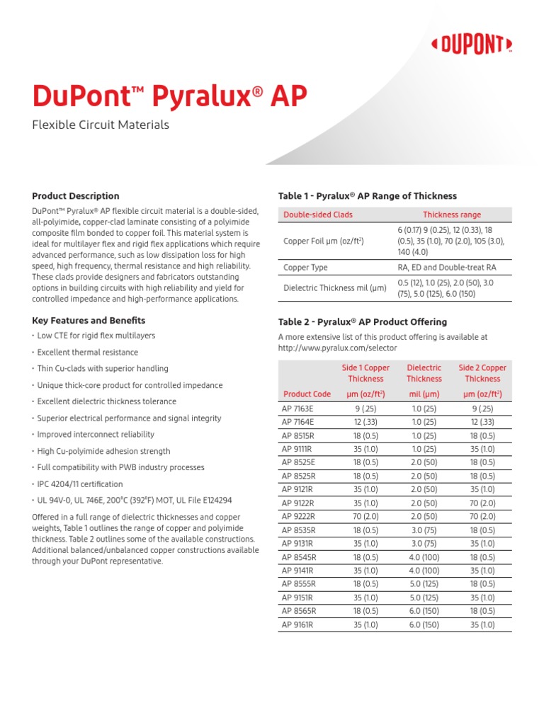 DuPont - Pyralux AP Series 2 - Catalogue | PDF | Packaging And Labeling | Lamination