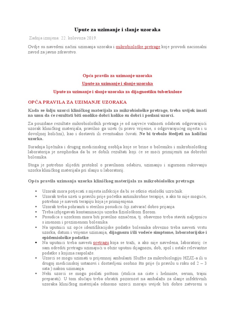 Upute Za Uzimanje Uzoraka Za Mikrobiološke Analize | PDF