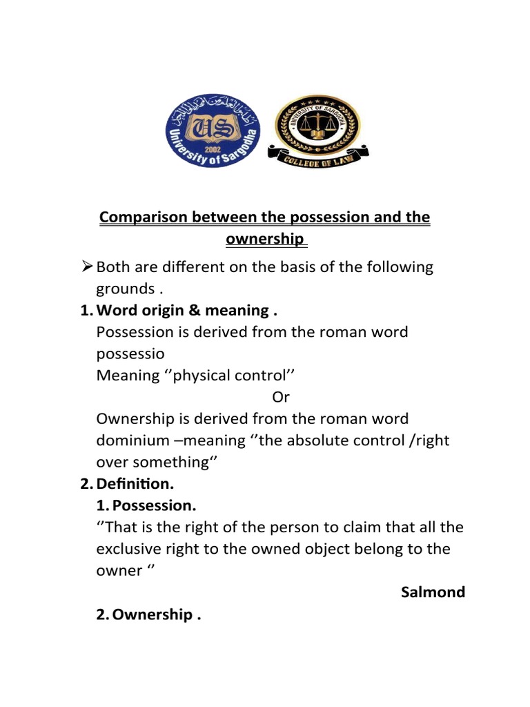 Comparison Between The Possession and The Ownership | PDF | Possession ...