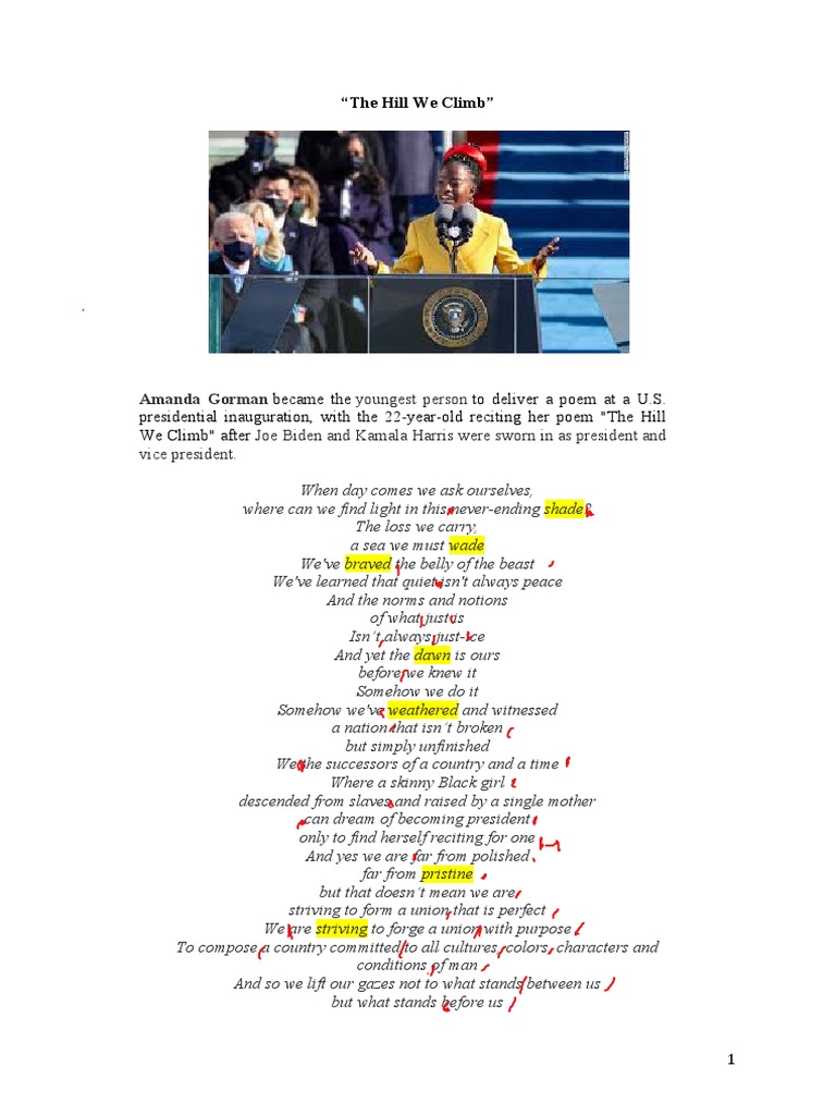 The Hill We Climb: Inaugural Poem Text | PDF | Poetry