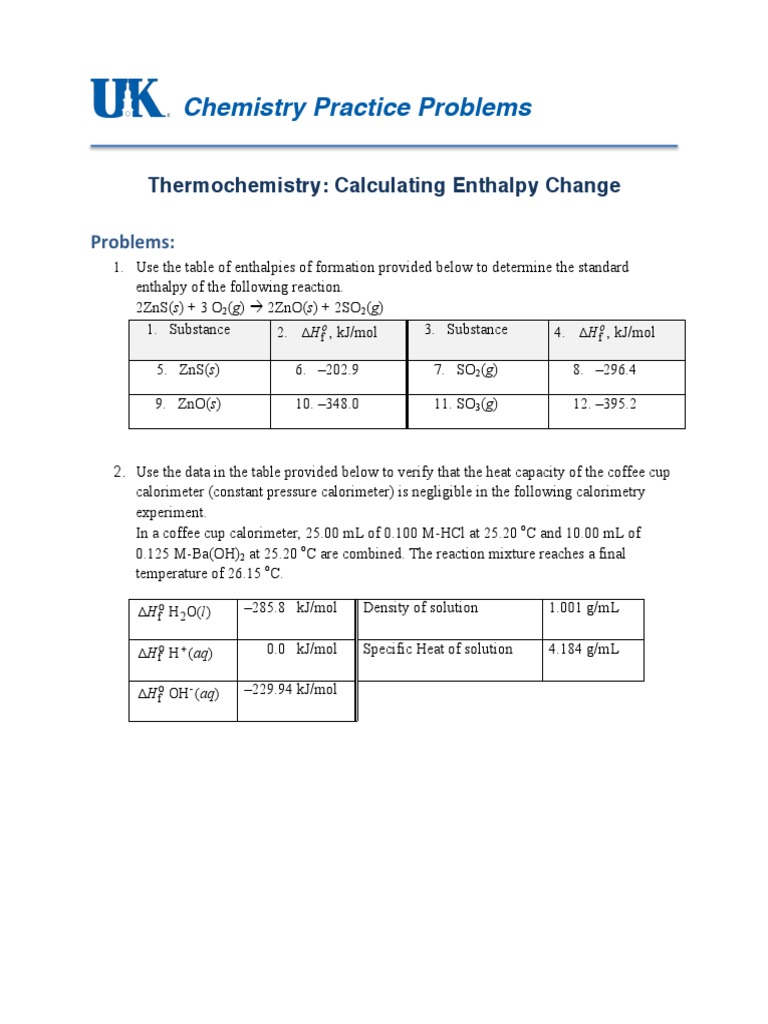 Chemistry Practice Problems: Thermochemistry: Calculating Enthalpy ...
