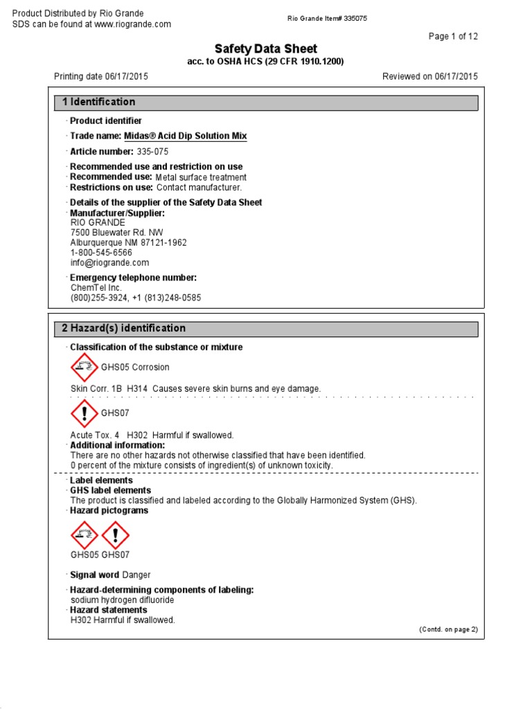 Safety Data Sheet: 1 Identification | Download Free PDF | Toxicity | Dangerous Goods