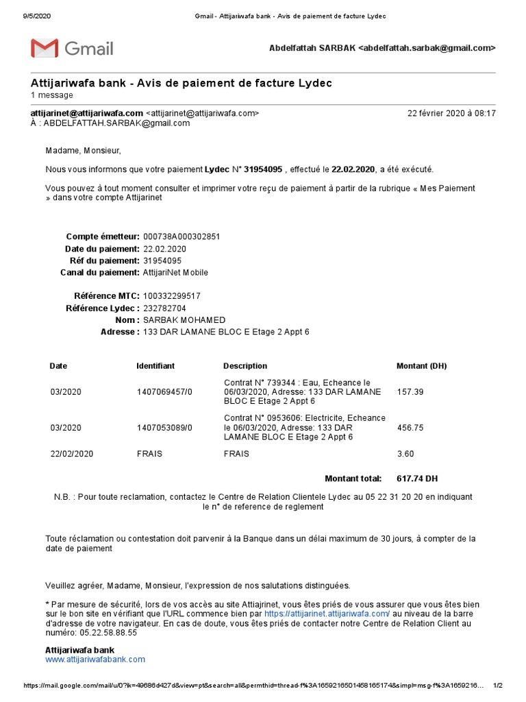 Facture Lydec 03-20 | PDF | Bancaire | Business