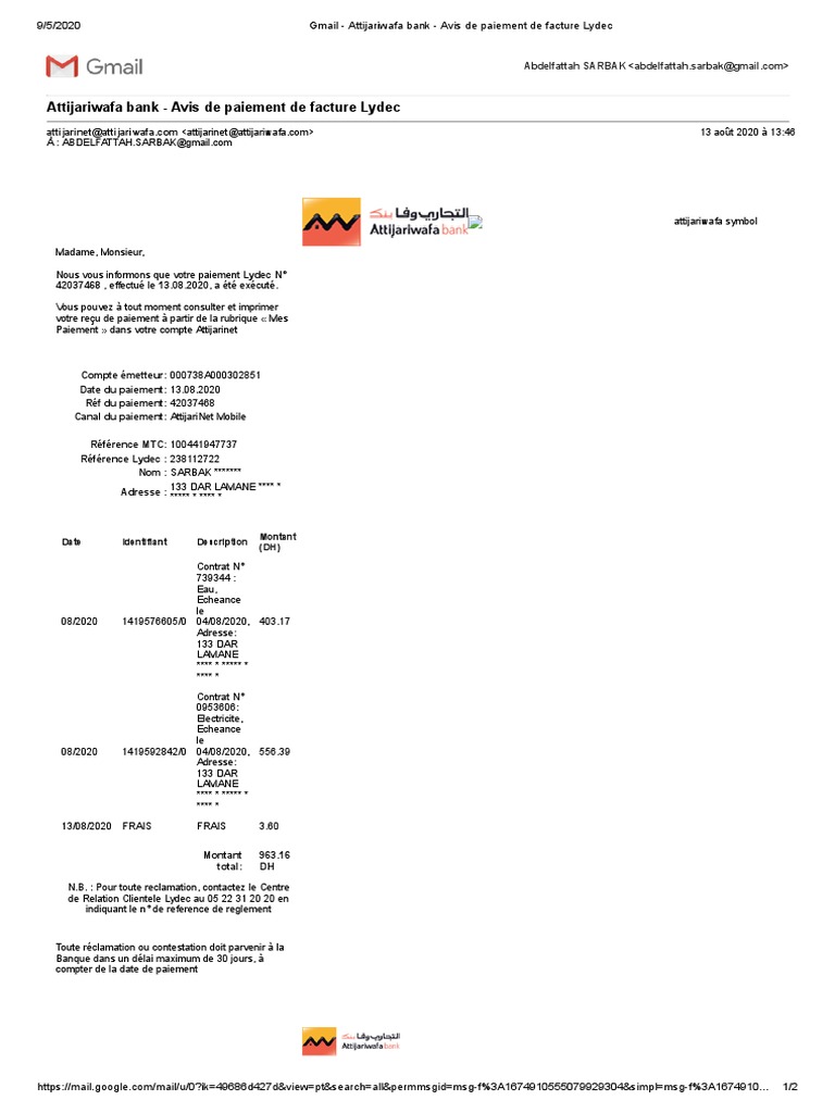 Facture Lydec 08-20 | PDF | Bancaire | Services financiers et d'entreprise