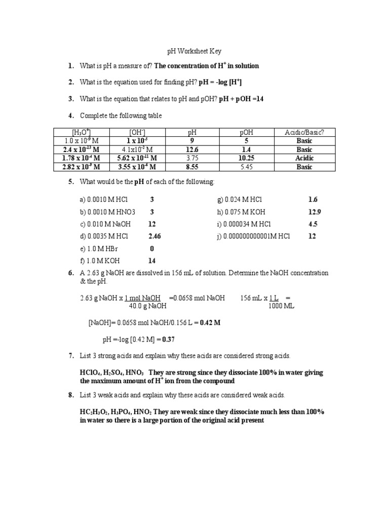 PH Worksheet Key | PDF | Ph | Acid