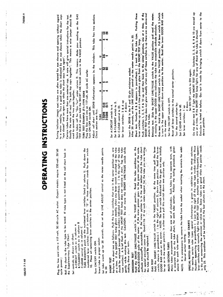 Knight 600 Tube Tester Roll Chart | PDF