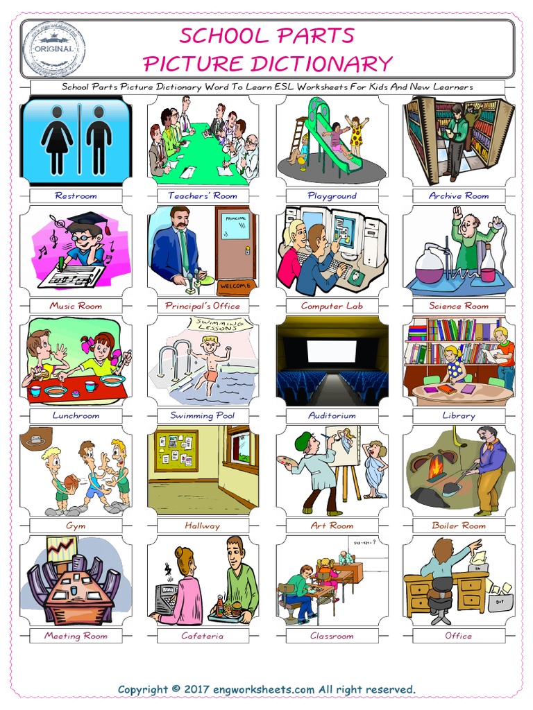 School Parts Picture Dictionary Word To Learn ESL Worksheets For Kids ...