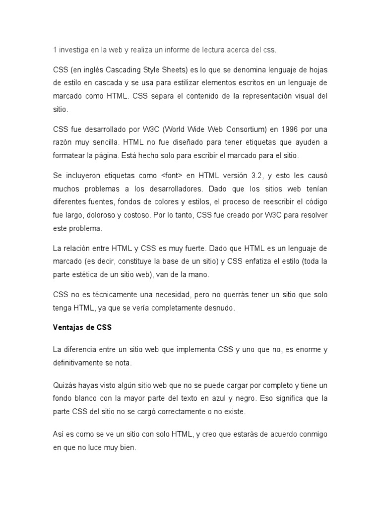 1 Investiga en La Web y Realiza Un Informe de Lectura Acerca Del Css | PDF | HTML | Red mundial