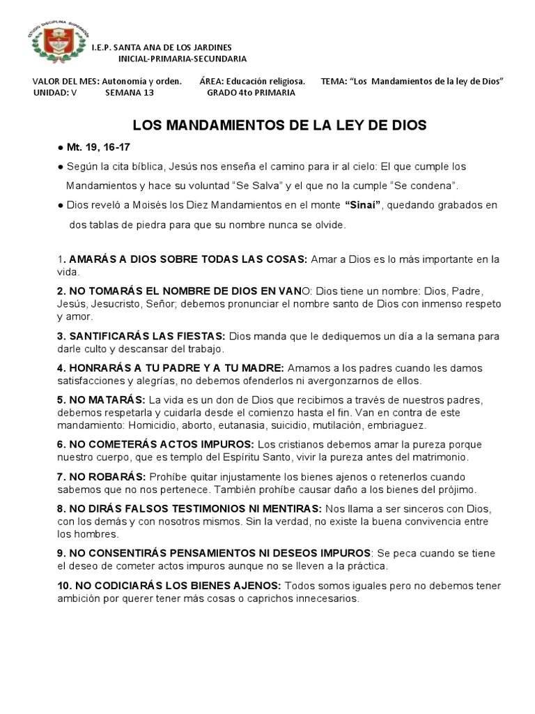 Los Mandamientos de La Ley de Dios 4to Primaria | PDF
