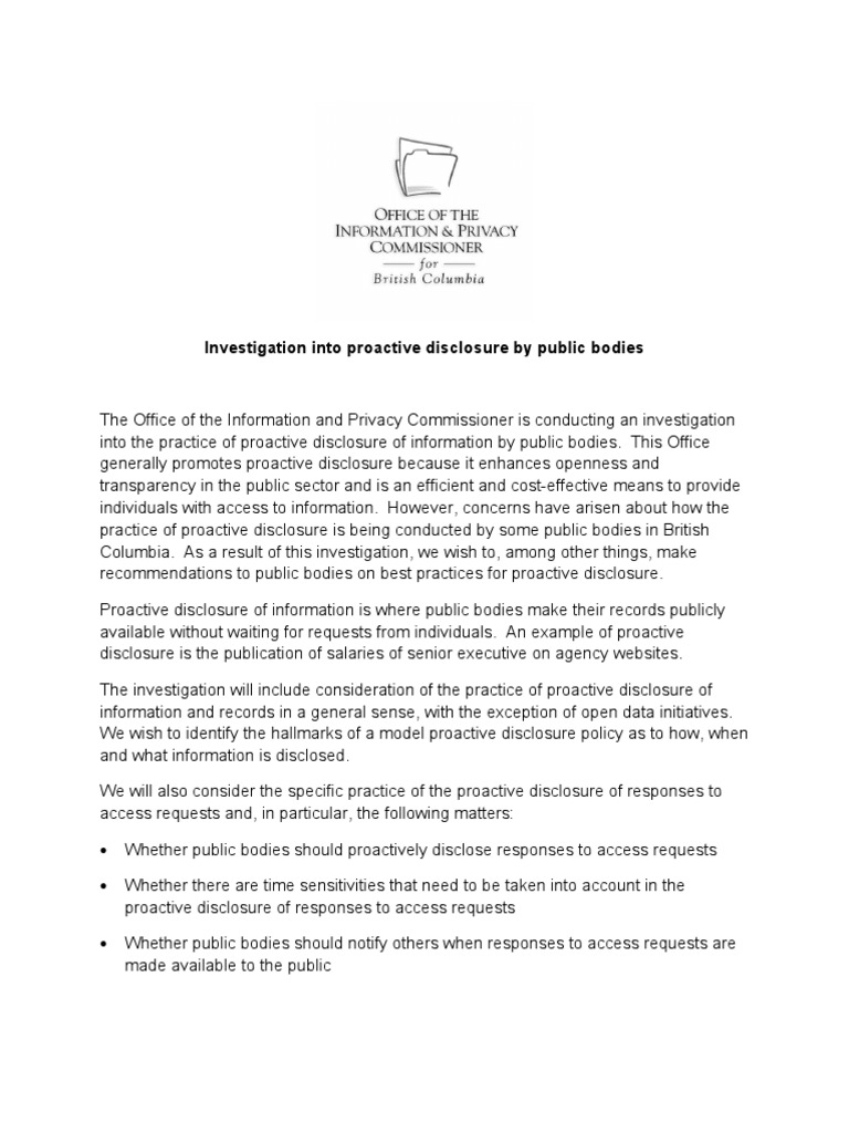 Investigation Into Proactive Disclosure by Public Bodies | PDF ...