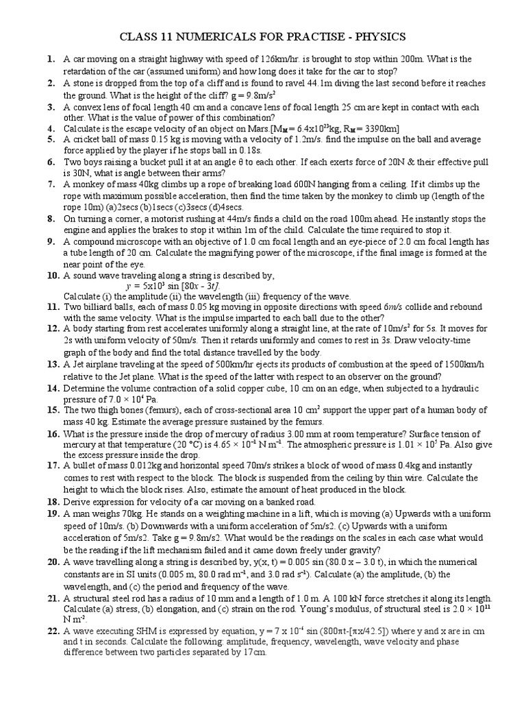 Class 11 Physics Numerical Practice | PDF | Wavelength | Waves