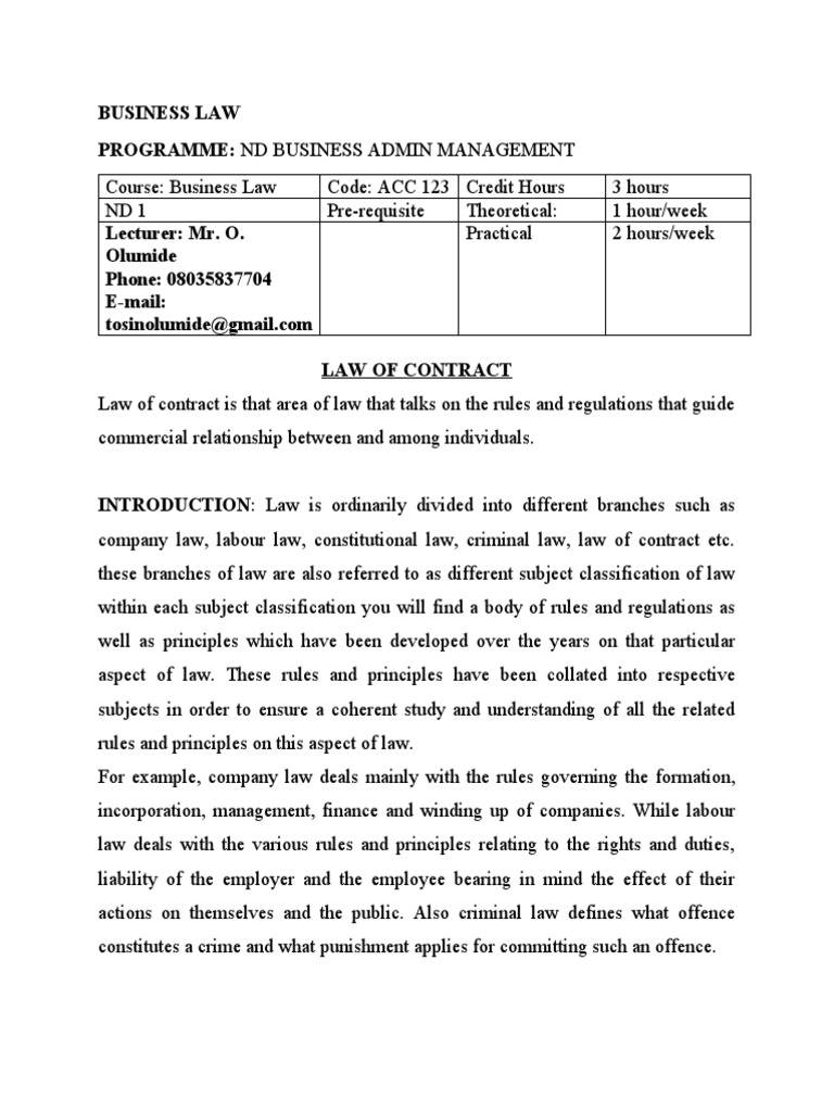 Business Law Lecture Note Original | PDF | Misrepresentation | Breach Of Contract