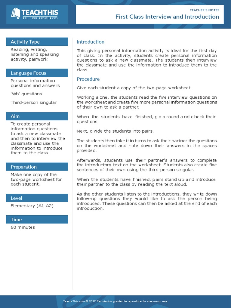 First Class Interview and Introduction | PDF | Question | English As A ...