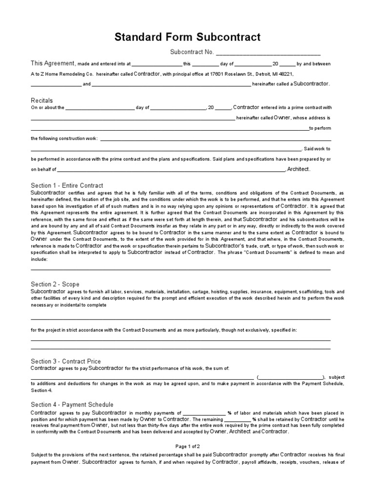 Subcontractor Agreement | PDF | General Contractor | Specification (Technical Standard)