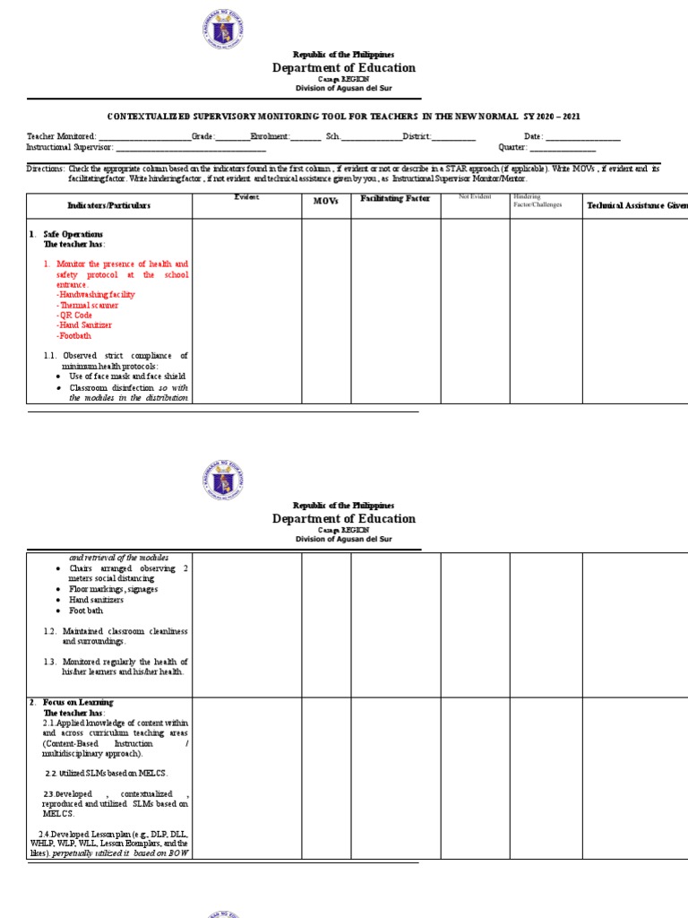 Supervisory Monitoring Tool for Teachers | PDF | Educational Assessment ...