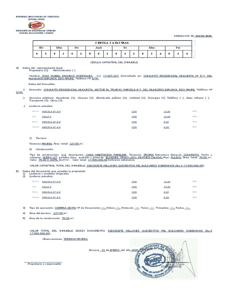 Cedula Catastral Elio Biruaca | PDF | Monedas de las Américas | Venezuela