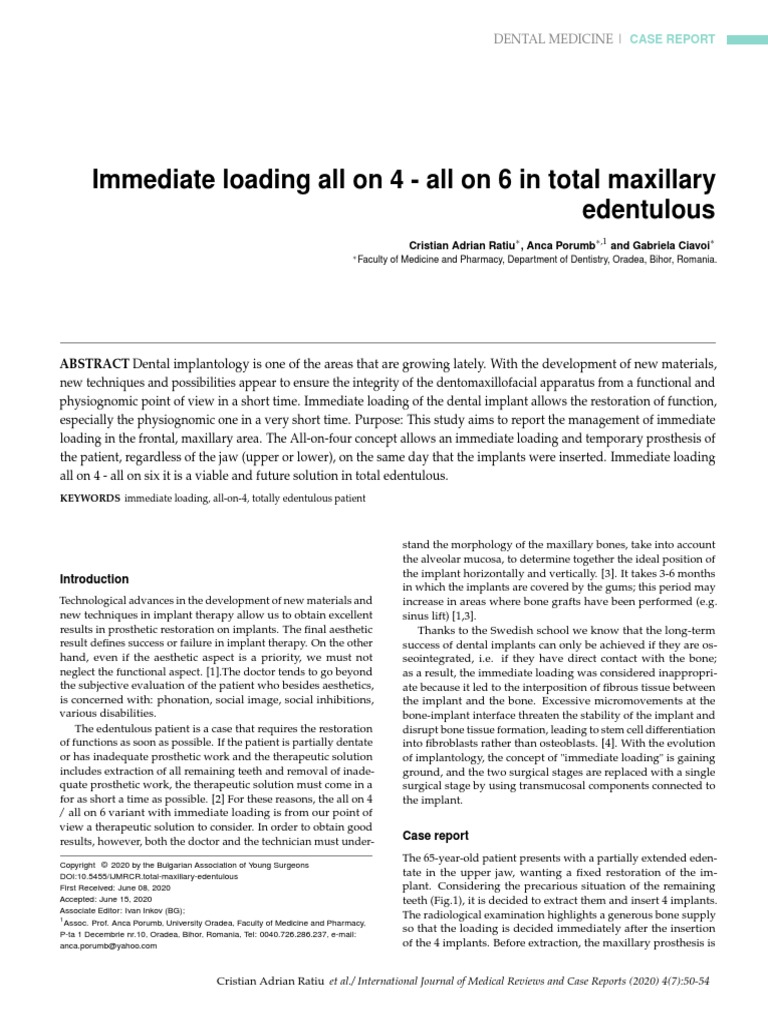Immediate Loading All On 4 - All On 6 in Total Maxillary Edentulous ...