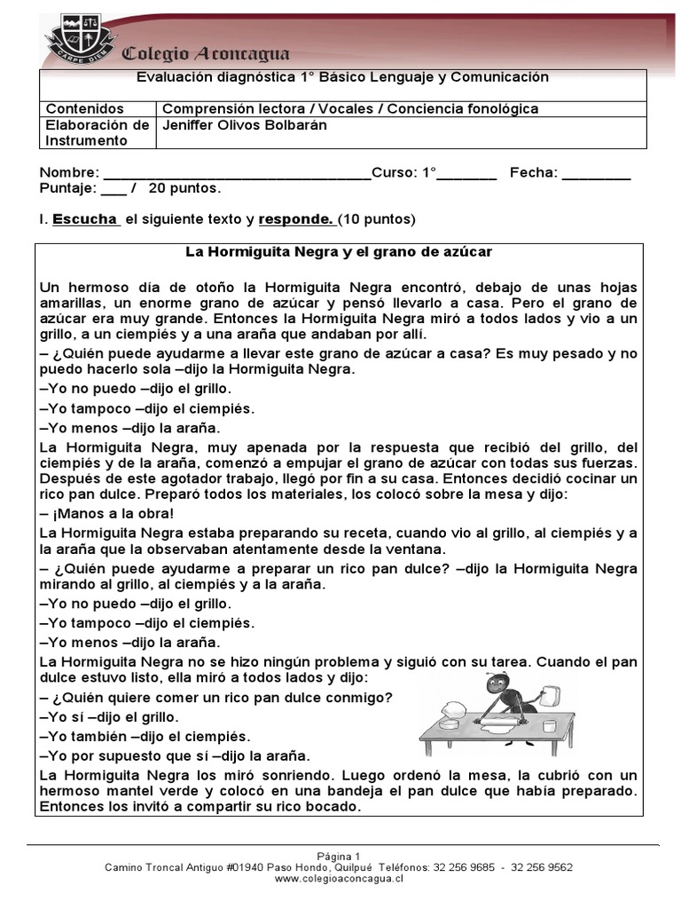 Evaluación Diagnóstica Lenguaje 1° Básico | PDF
