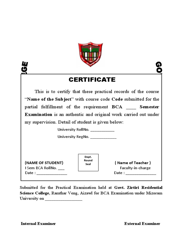 BCA Lab Certificate Format | PDF