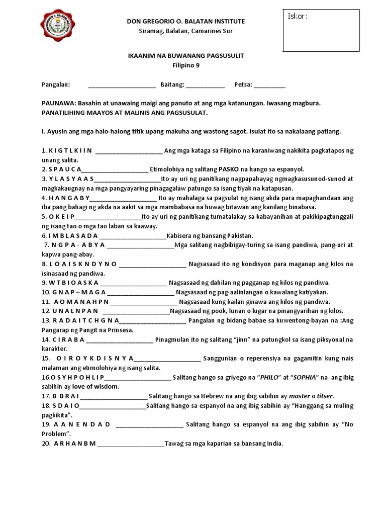 6TH Exam-Grade 9 | PDF