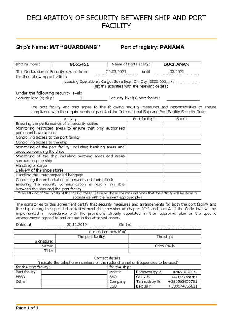 Declaration of Security Between Ship & Port Facility | PDF | Port ...