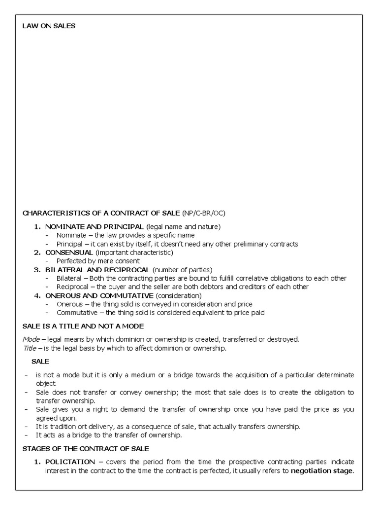 LAW ON SALES Notes | PDF
