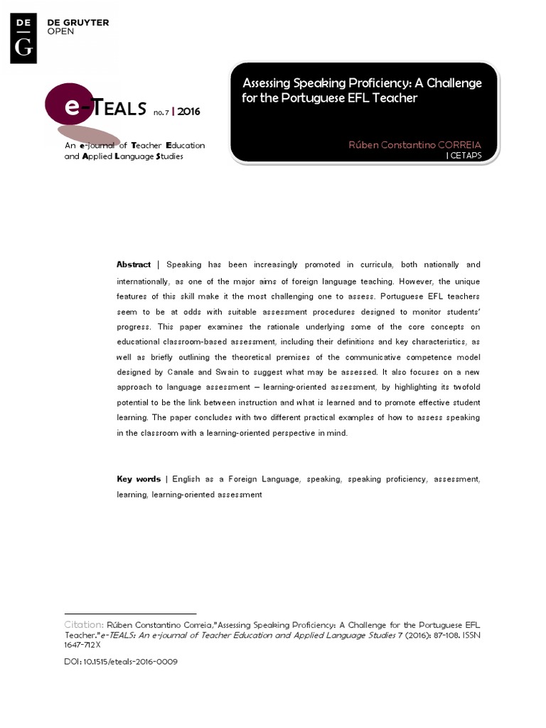 Assessing Speaking Proficiency - A Challenge For The Prtuguese EFL ...