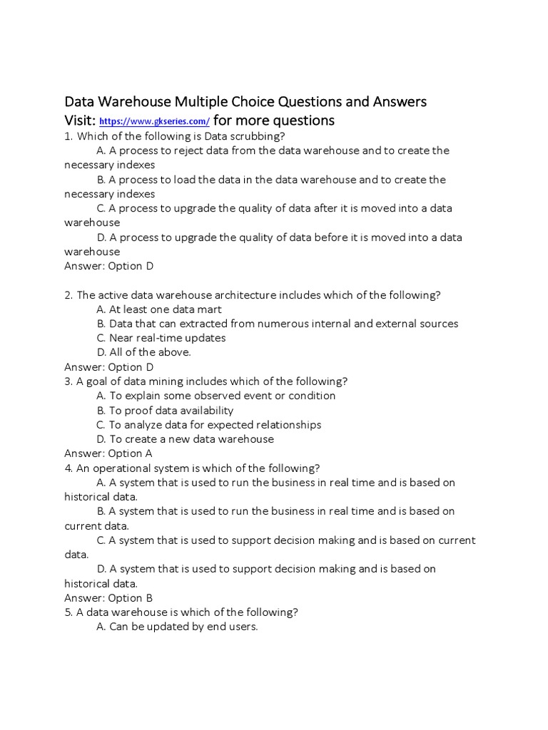 Data Warehouse Multiple Choice Questions and Answers Visit: For More ...