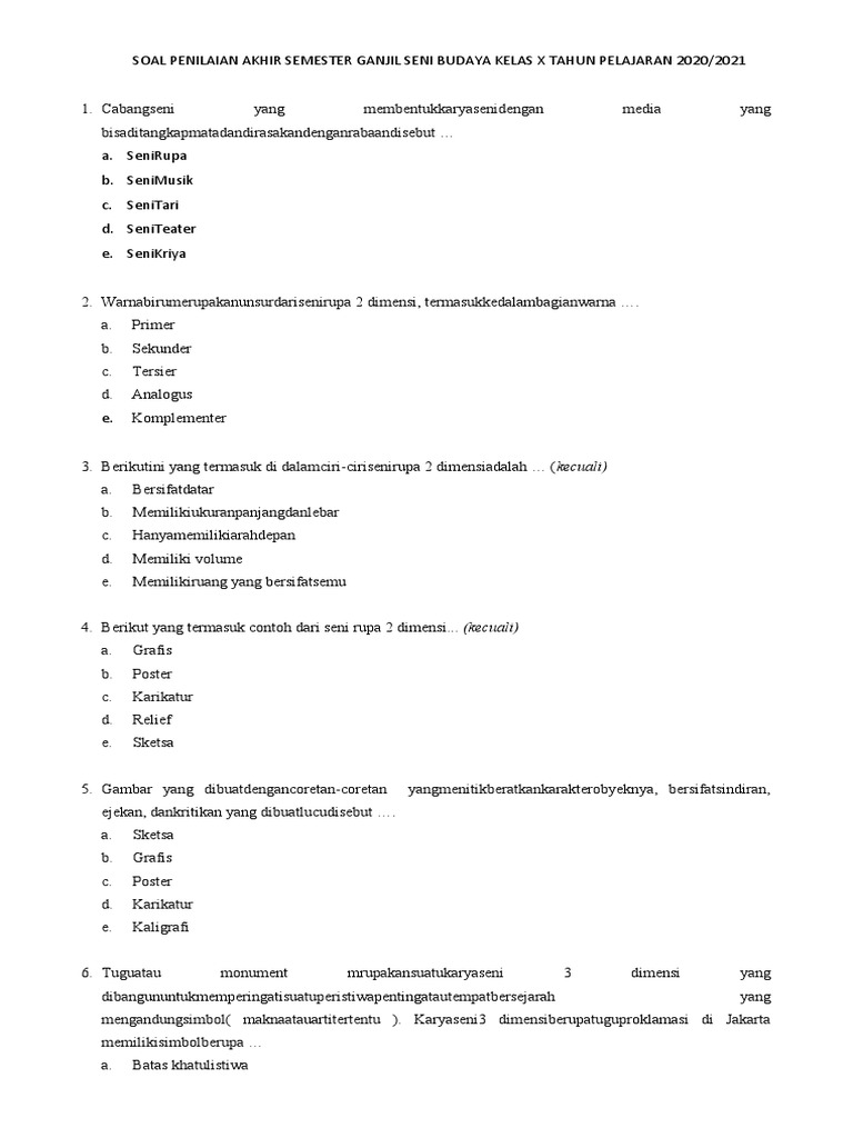 Soal Pas SB KLS X 20-21 | PDF | Seni