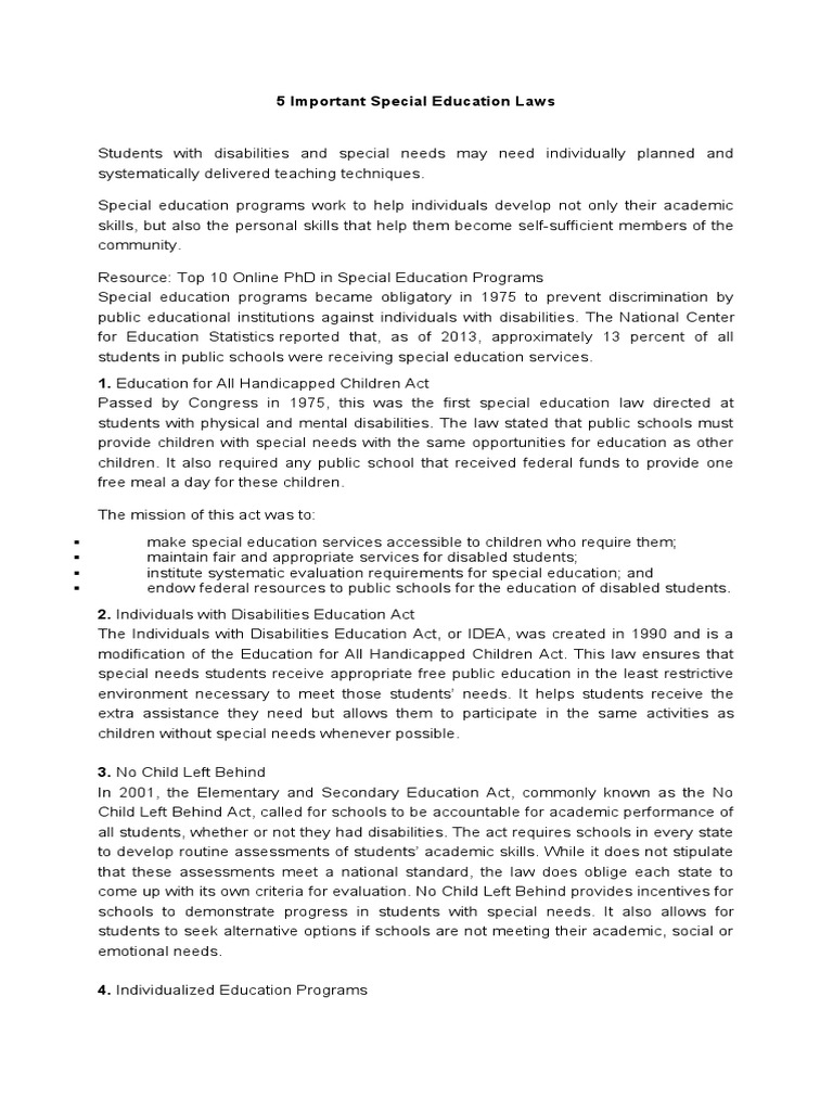 Key Special Education Laws Explained | PDF | Individualized Education ...