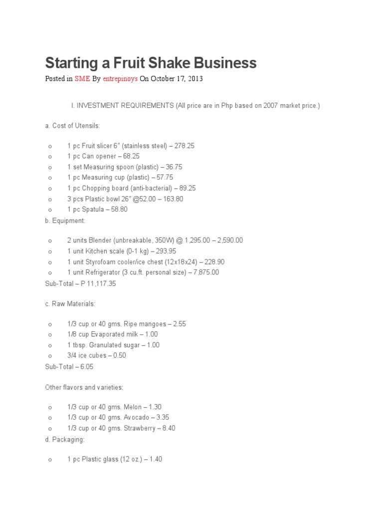 Starting A Fruit Shake Business 2019 | PDF