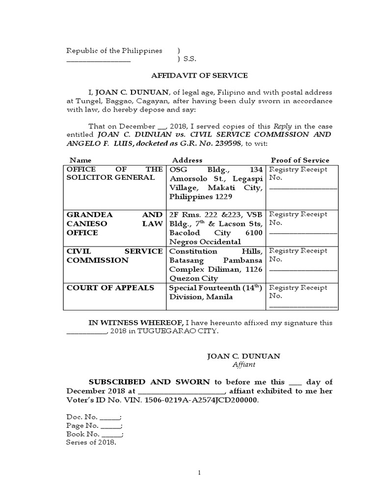 Affidavit of Service by Joan C. Dunuán | PDF | Law