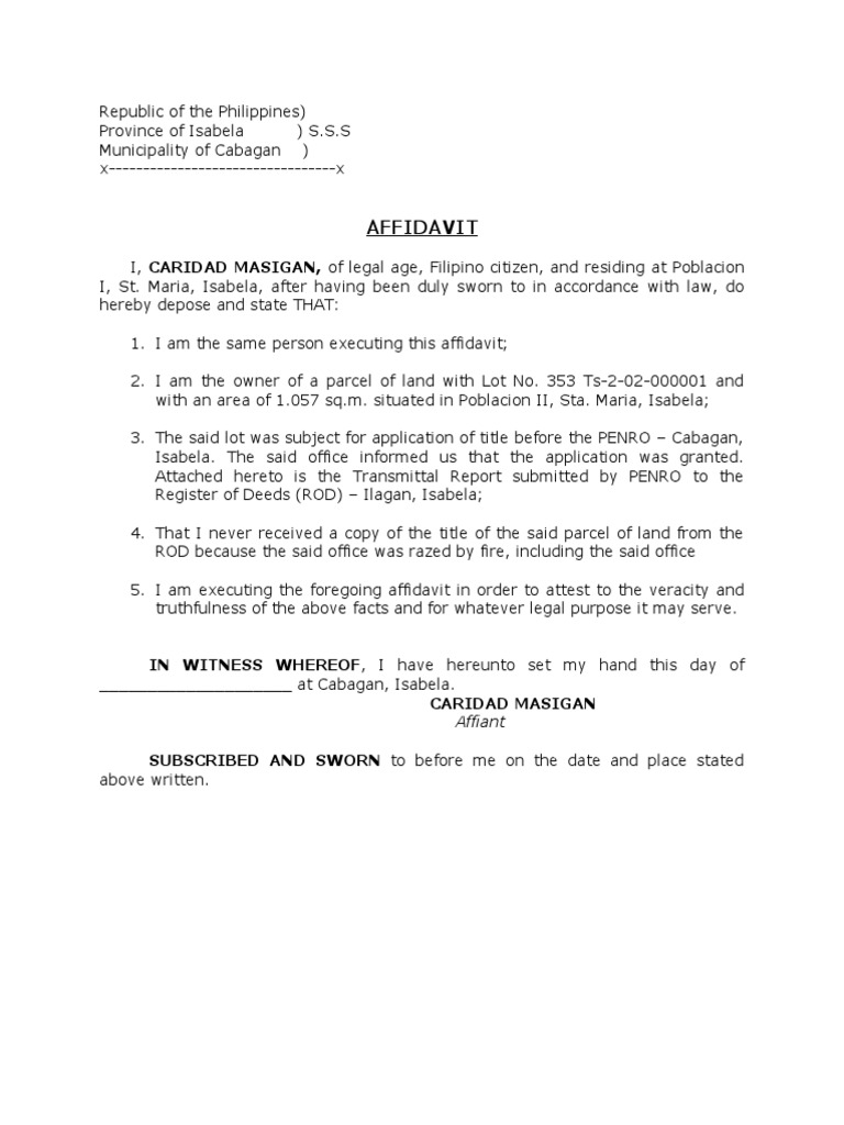 Affidavit: IN WITNESS WHEREOF, I Have Hereunto Set My Hand This Day of ...