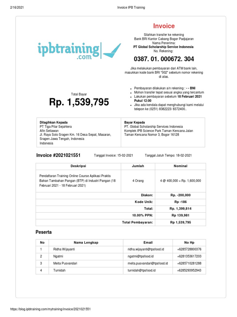 Invoice IPB Training-TPS Food | PDF