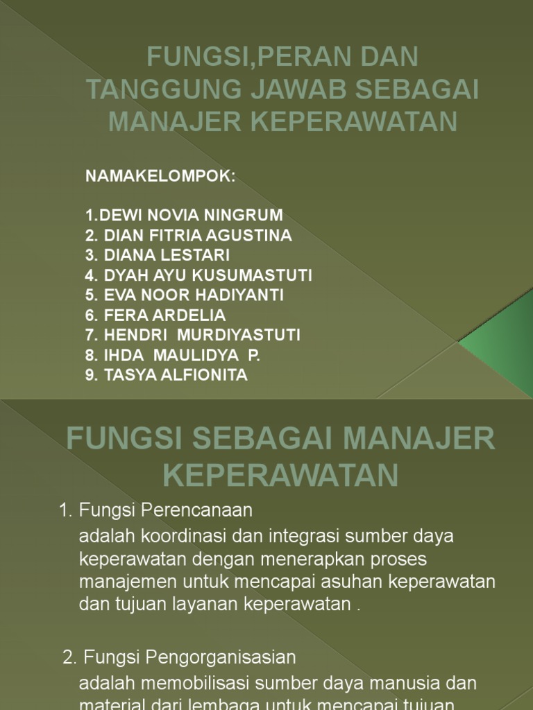 Kelompok 2 Fungsi, Peran Dan Tanggung Jawab Manajer Keperawatan | PDF Kelompok 2 Fungsi, Peran Dan Tanggung Jawab Manajer Keperawatan | PDF