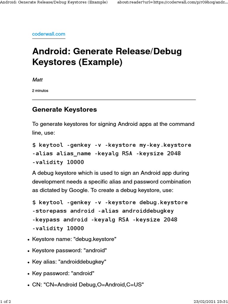 Android Generate Release - Debug Keystores (Example) | PDF
