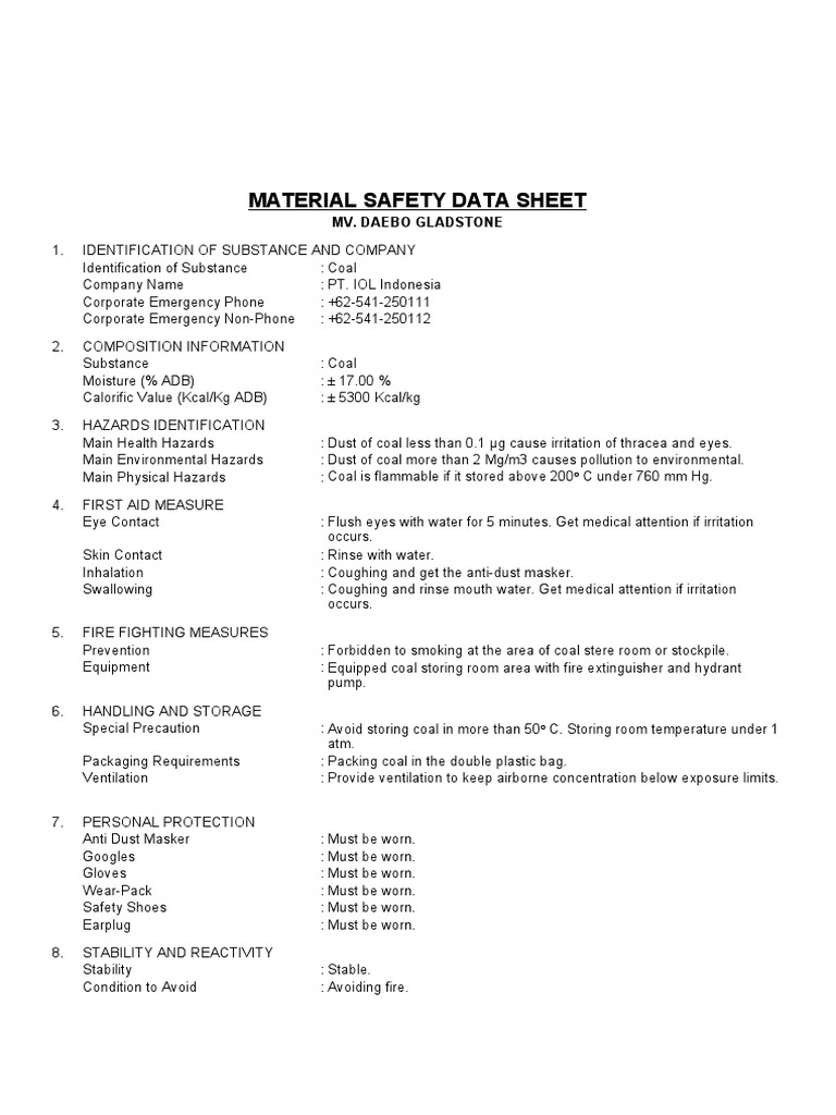 MSDS For Coal Sample | PDF | Dangerous Goods | Waste Management