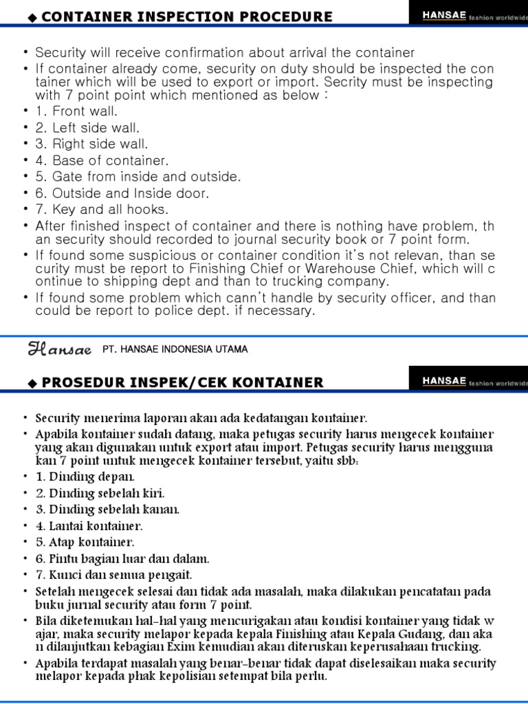 Container iNSPECTION pROCEDURE | PDF