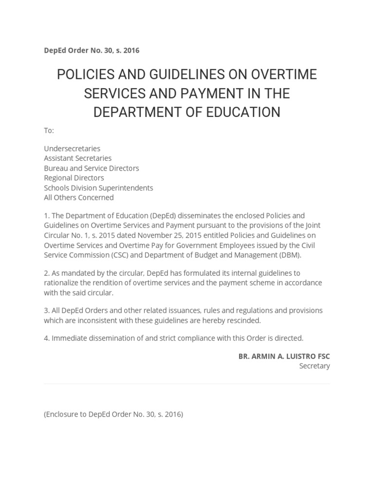 DepEd Overtime Pay Guidelines 2016 | PDF | Overtime | Workweek And Weekend