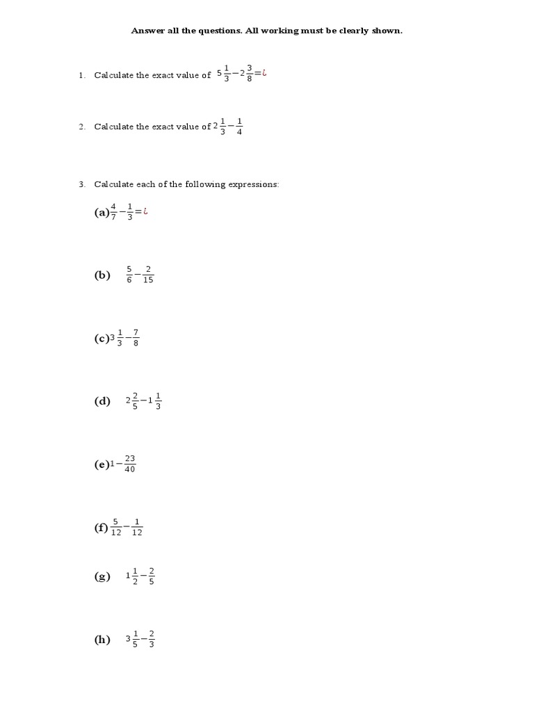 Subtraction Of Fractions Worksheet