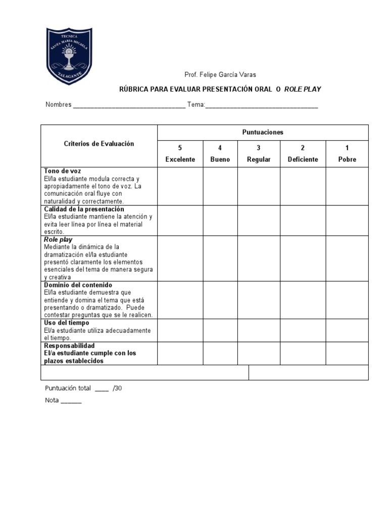 Rubrica para Evaluar Presentacion Oral o Role Play | PDF | Artes del ...