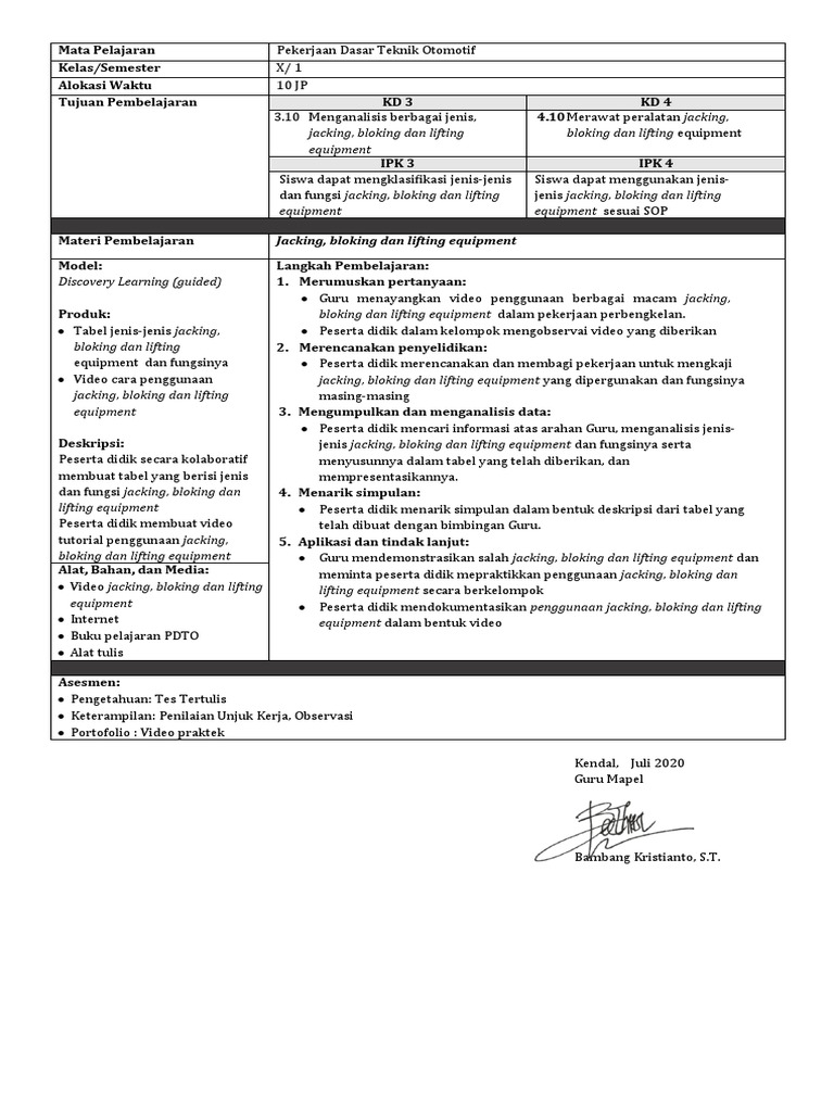 RPP Pdto KD 10 Menganalisis Berbagai Jacking, Bloking Dan Lifting Equipment | PDF