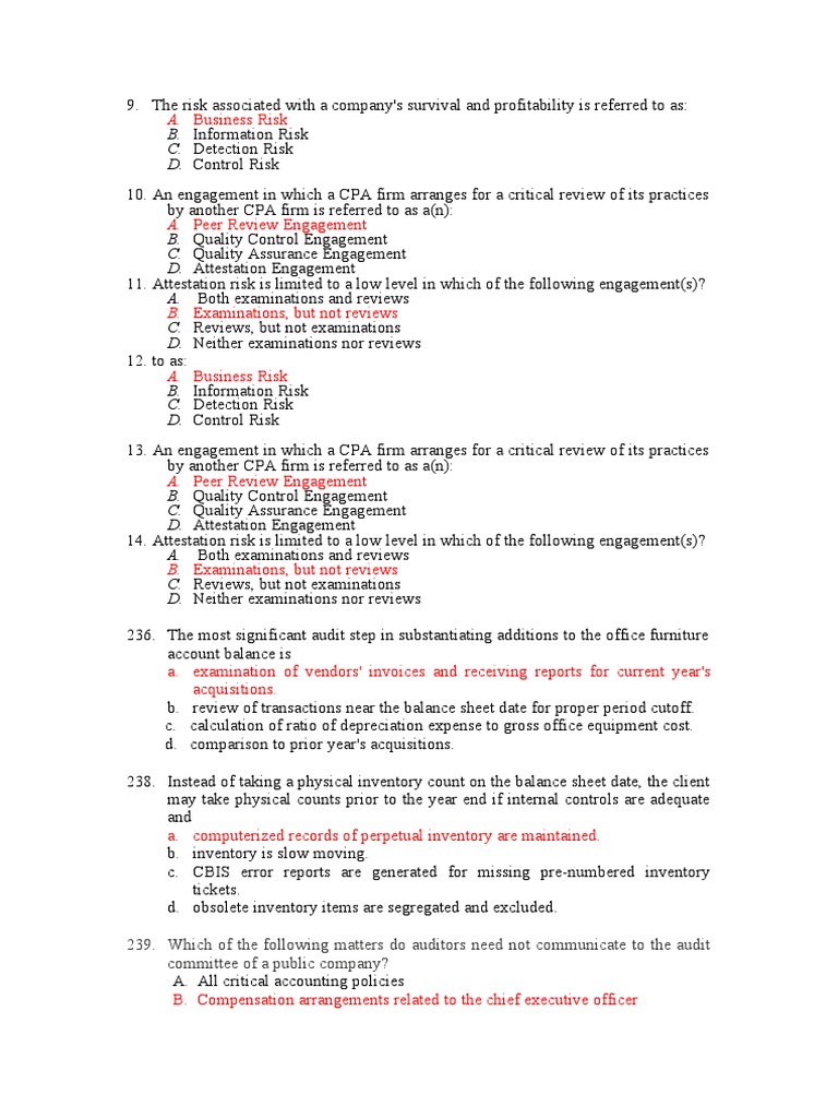 Multiple Choice CPA Exam Questions Covering Audit Risk, Attestation ...