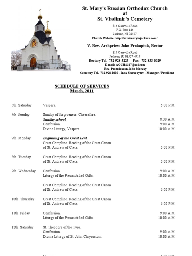 Schedule of Divine Services - March, 2011 | PDF | Worship | Ancient ...