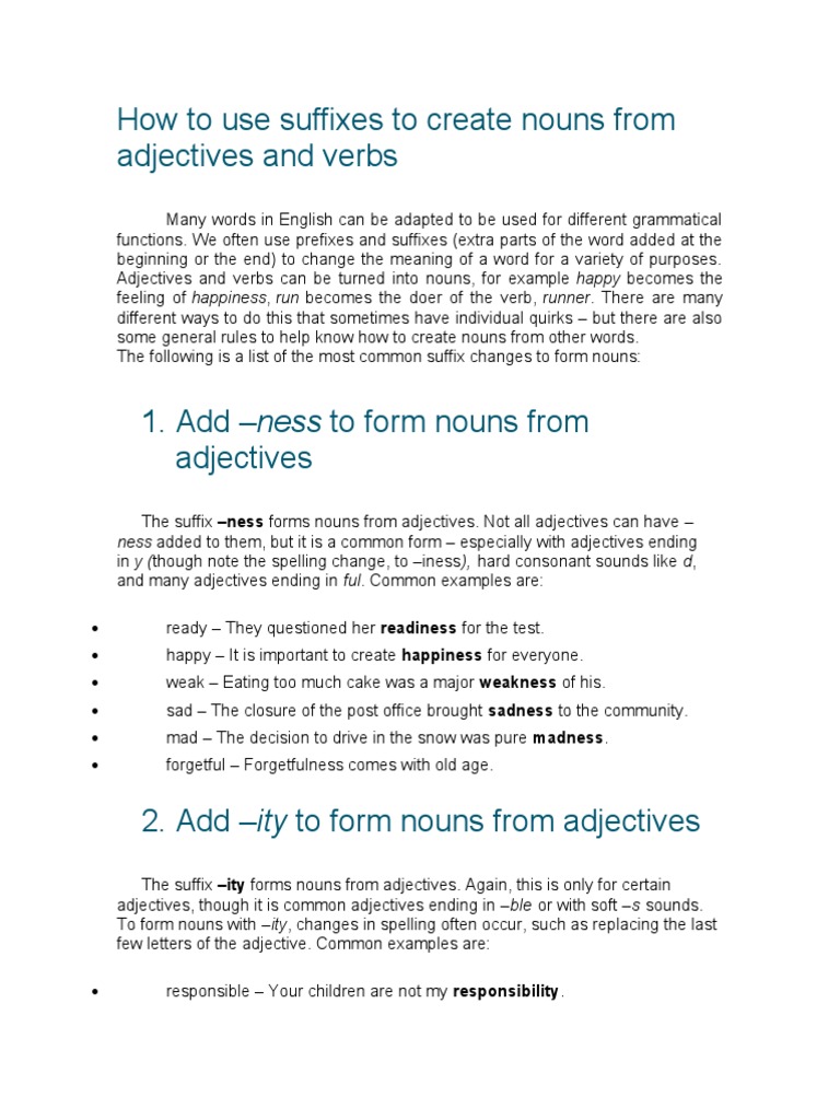 How To Use Suffixes To Create Nouns From Adjectives and Verbs ...