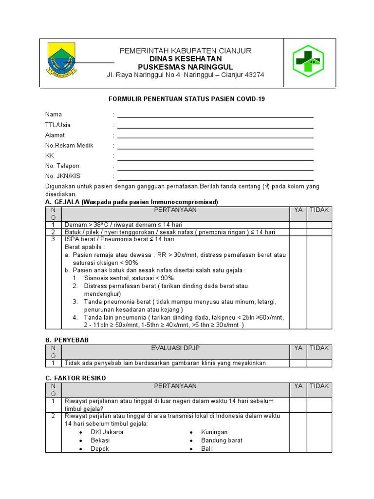 Formulir Penentuan Status Pasien Covid | PDF